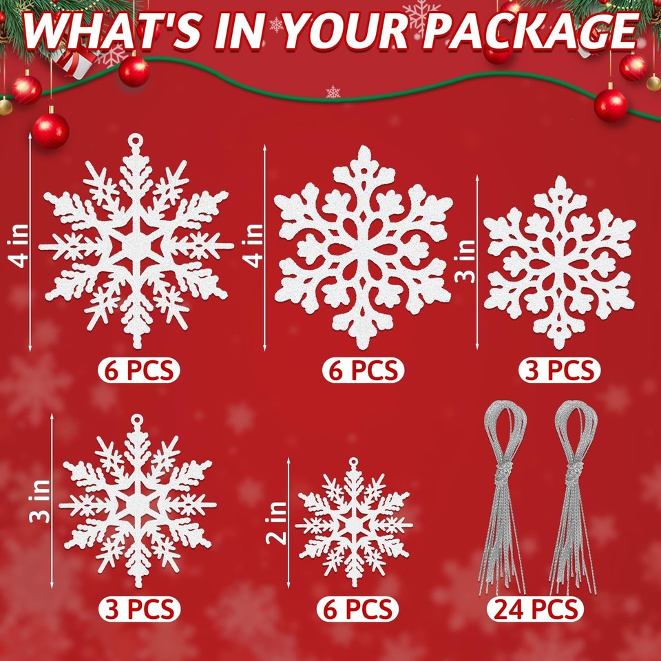 24PCS Snowflake Ornaments, Christmas White Snowflakes Tree Decorations ...