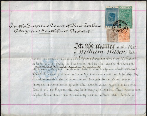 New Zealand QV Postal Fiscals on ORIGINAL WILL DOCUMENT w/ L5, 15S, 6d ...