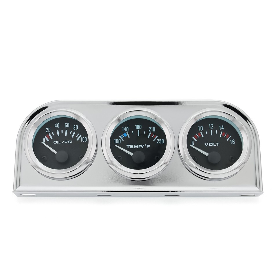 52mm 3 in 1 Kit Chrome Car Triple Gauge Set Volt Water Meter Temp Oil ...