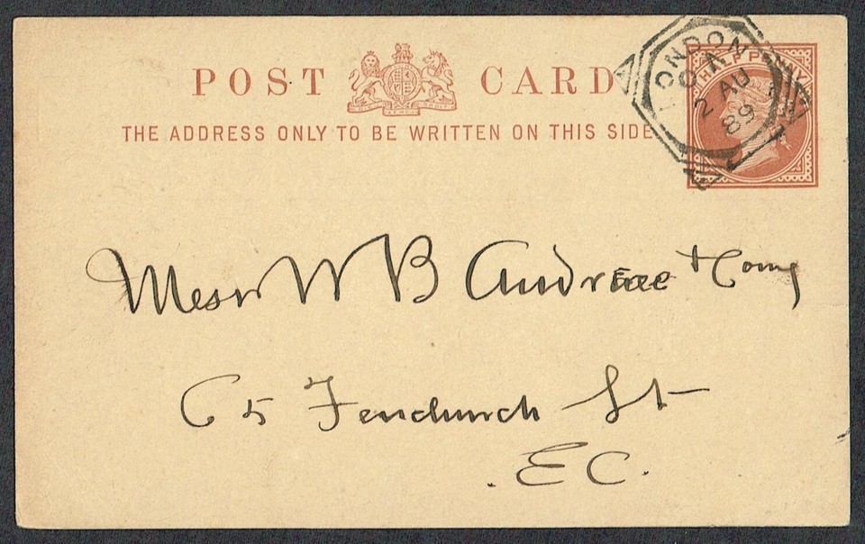 1889 1/2d PS Card London Geometric Cancel and RARE RED HOSTER Machine ...