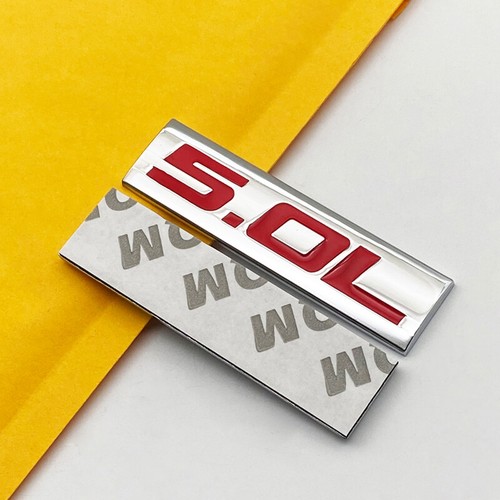 2x Silver & Red Metal 5.0L Chrome Emblem Engine Logo V6 V8 Sport Badge ...
