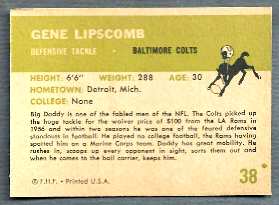 Gene Lipscomb 1961 Fleer Baltimore Colts Card #38 EXMT | eBay