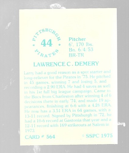 1976 SSPC Larry Demery 564 Pittsburgh Pirates Baseball Card | eBay