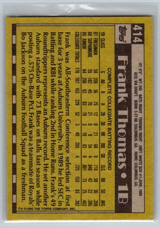 1990 Topps #414 Frank Thomas Draft Pick WHITE SOX (C) | eBay
