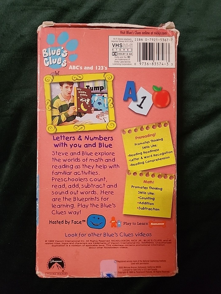 BLUE'S CLUES Play Along with Blue ABC's and 123's VHS Video Tape 1999 ...