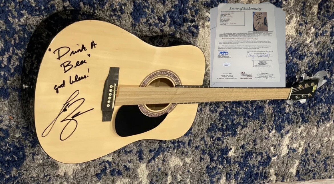 RARE LUKE BRYAN SIGNED FULL SIZE GUITAR WITH INSCRIPTION “DRINK A BEER ...