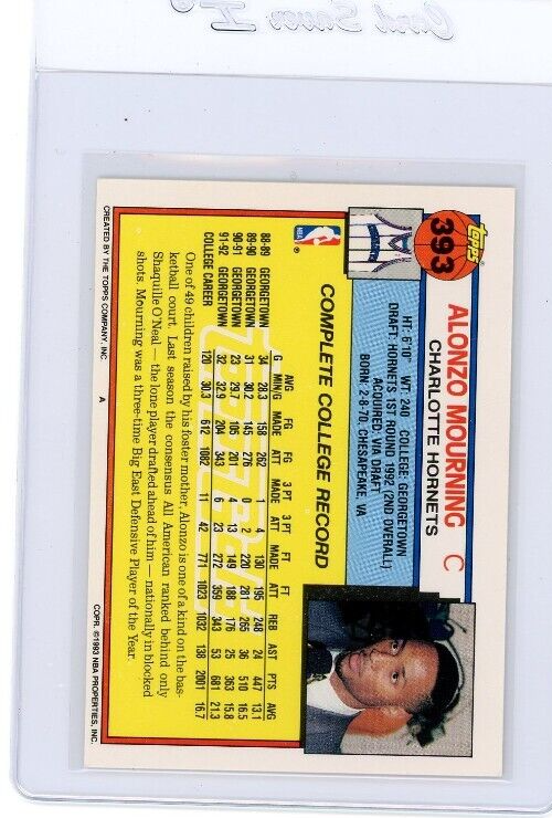 ALONZO MOURNING GOLD ROOKIE 1992-93 TOPPS 393 CHARLOTTE HORNETS MIAMI ...