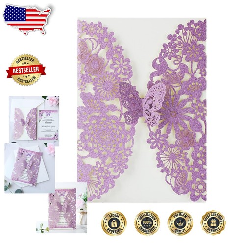 Customizable 50PCS Purple Glitter Invitation Kit with Floral Butterfly ...
