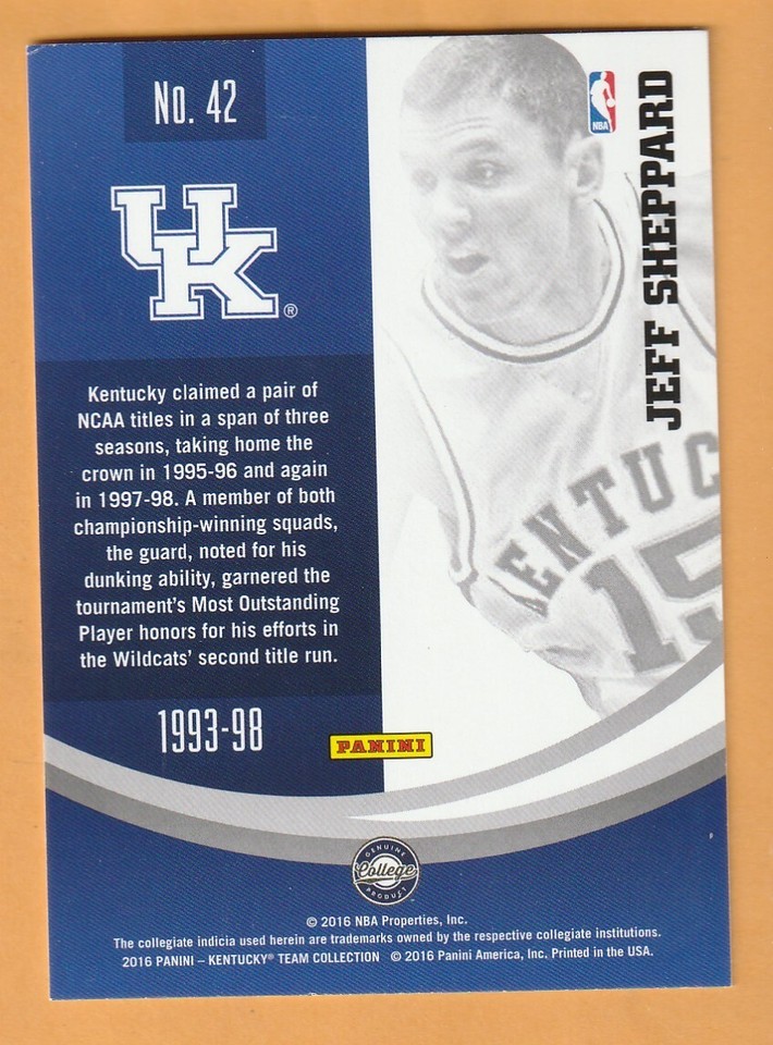 Jeff Sheppard Kentucky Wildcats AUTO Signed 2016 Panini Card Dinged ...