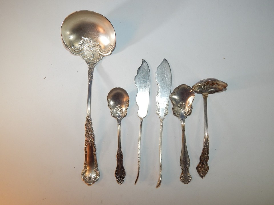 6 Ornate Silverplate Serving Pieces Punch Bowl Ladle Twisted Butter ...