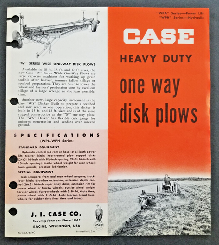 Case WPA and WPH Series One Way Disk Plows Dealer Sales Brochure - 1954 ...