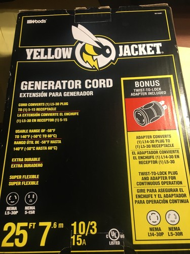 Yellow Jacket 25 Ft. 10/3 15A Generator Cord with Bonus Adapter ...