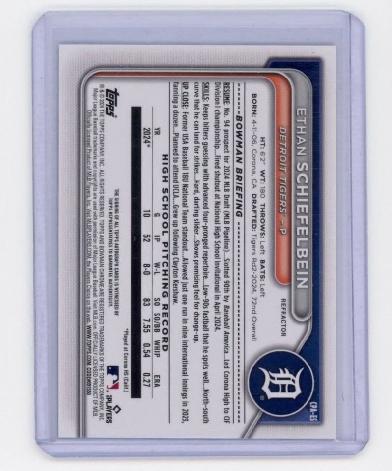 2024 Bowman Draft #CPA-ES Ethan Schiefelbein 1st Chrome Prospect Auto ...