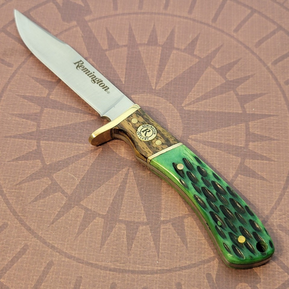 REMINGTON Knife With Leather Sheath Green Jigged BONE Handle W/Brass ...
