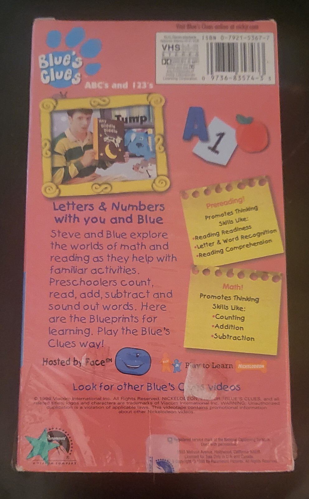 Blue’s Clues ABC’s and 123’s VHS 1999 Nickelodeon Nick Jr Orange Tape ...