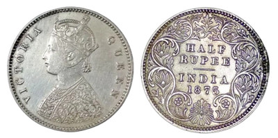 BRITISH INDIA. HALF RUPEE 1875. VICTORIA QUEEN. UNCLEANED. TOP GRADE ...