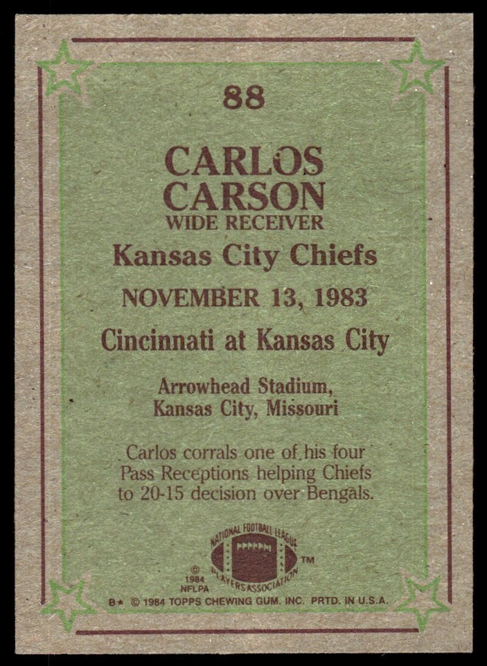 1984 TOPPS CARLOS CARSON B KANSAS CITY CHIEFS #88 | eBay