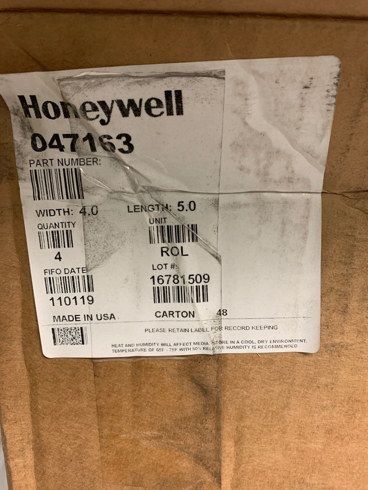 Honeywell Barcode Labels 047163 Length: 5in Width: 4in | eBay