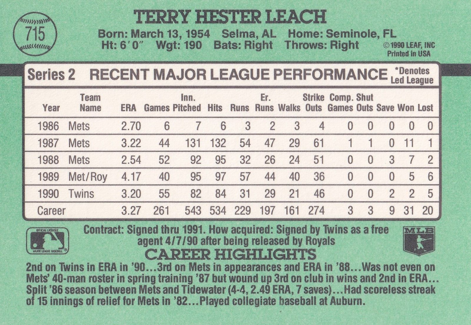 1991 Donruss #715 Terry Leach MLB Minnesota Twins + (Yes 3 Free Mystery ...