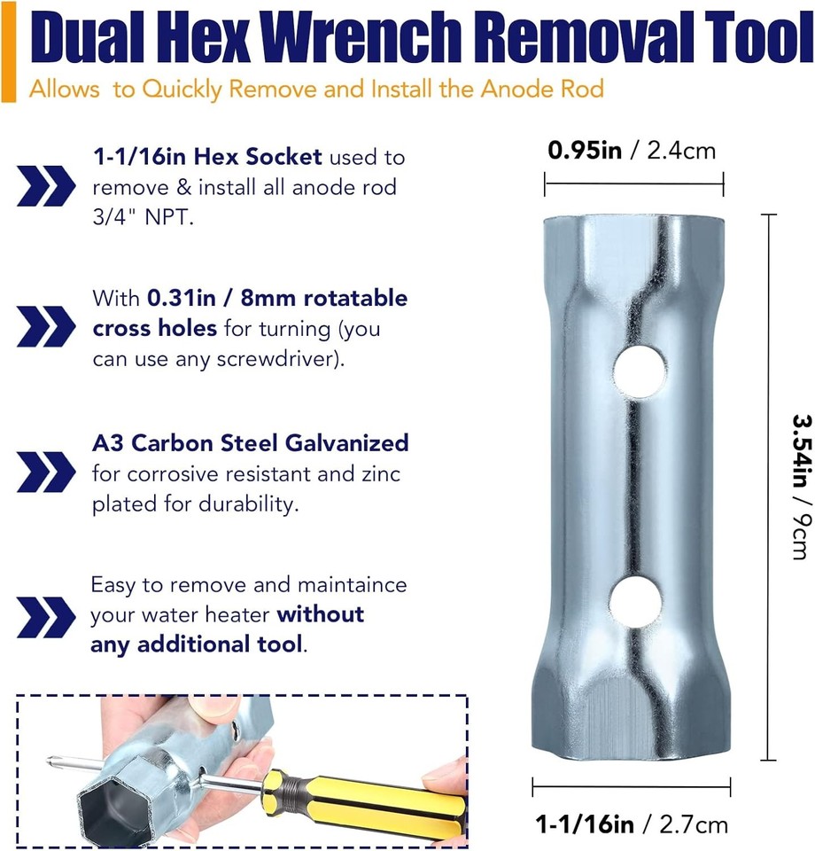 5Pack Water Heater Anode Rod & Flush Wand & Element Socket - 9.25"L x 3 ...