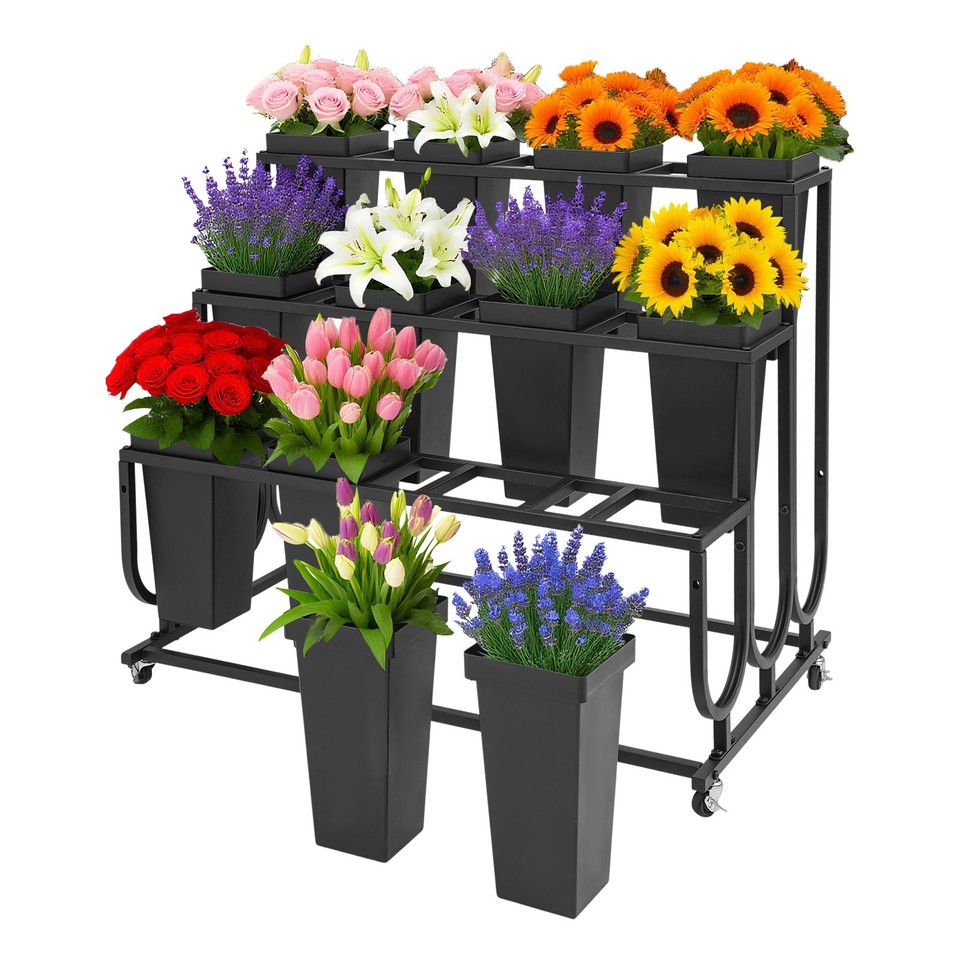 Metal Flower Display Stand Plant Stand w/ Wheels Movable Flower Display ...