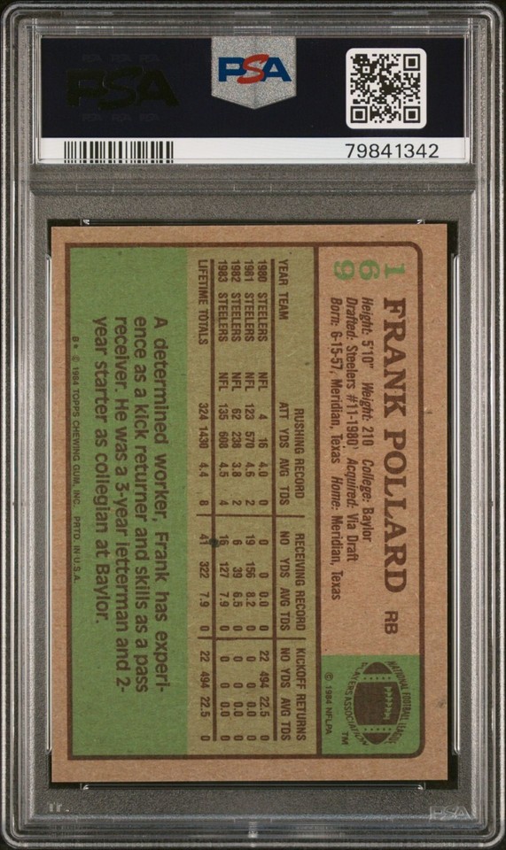 1984 TOPPS #169 FRANK POLLARD PSA 8 NM-MINT PITTSBURGH STEELERS | eBay
