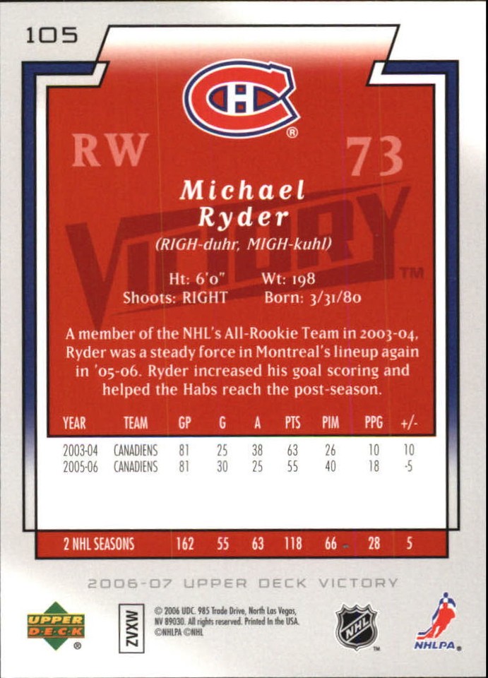 2006-07 Upper Deck Victory Canadiens Hockey Card #105 Michael Ryder | eBay