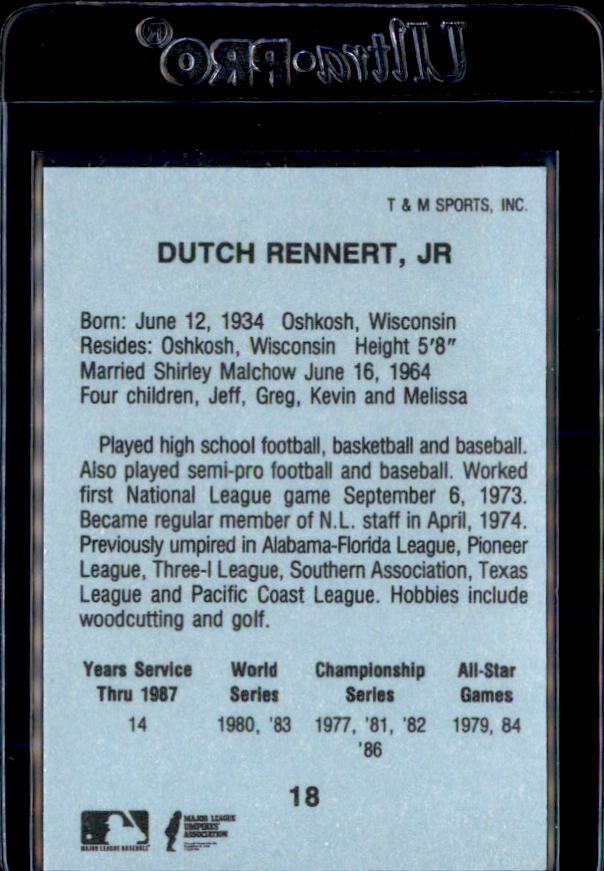 Dutch Rennert, Jr. Umpire 1988 T&M Sports #18 Autographed Baseball Card ...