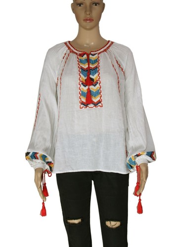 Ash Studio Paris Titching White Embroidered Long Sleeve Peasant Blouse ...