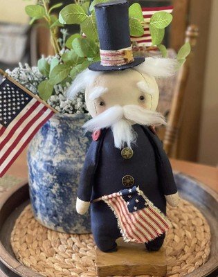 Primitive Uncle Sam Plush Doll w/ USA Flag 16" July 4th Handmade Shelf ...