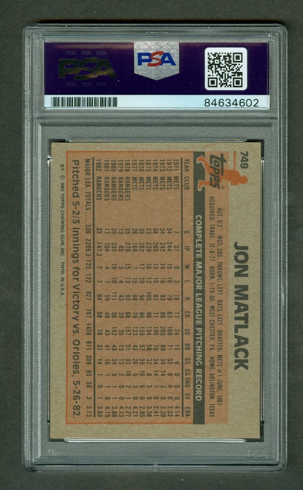 Jon Matlack 1983 Topps #749 Rangers PSA Authentic Encased On Card ...
