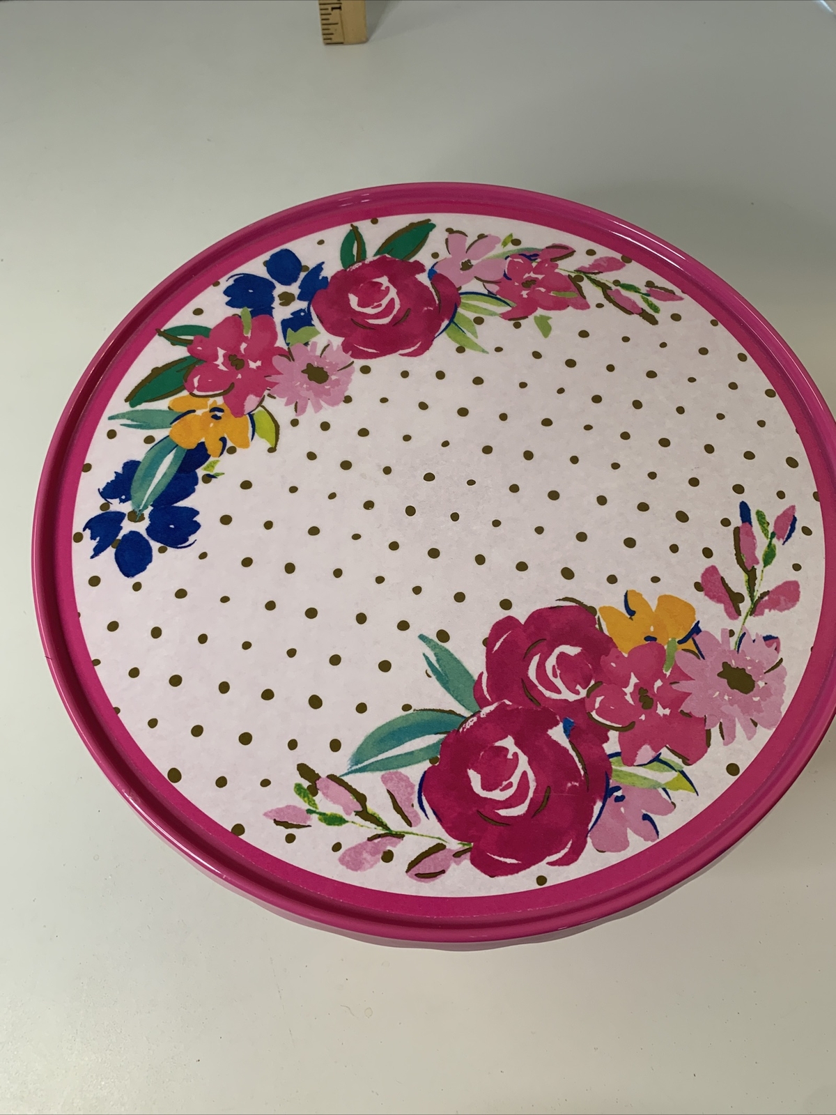 Pioneer Women 10.5” Melamine Pie/Cake Stand/Plate Pink Floral Scalloped ...