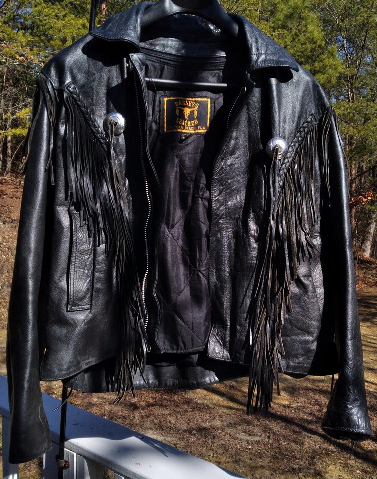 Barneys Leather Daytona Beach FLA Black W/ Long Fringe SZ 48 Heavy ...