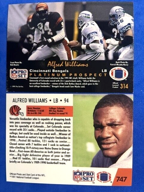 NFL - Alfred Williams 1991 Pro Set Platinum RC & 1991 Pro Set Draft ...