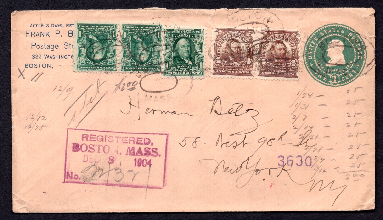 US 1904 ONE CENT FRANKLIN UPRATED 11 CENT ON REGISTERED BOSTON COVER TO ...
