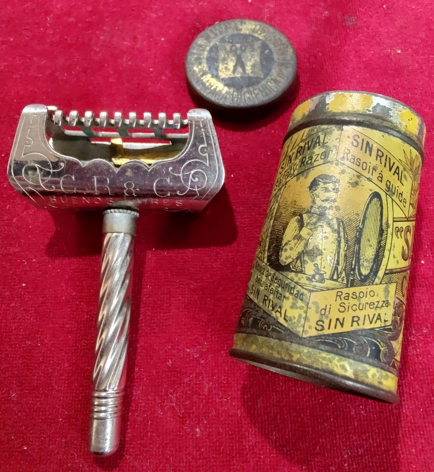 RARE ANTIQUE ORIGINAL ARGENTINA LA SIN RIVAL TRAVEL RASOR ON ADV TIN ...