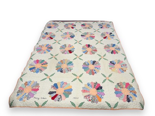 Vtg 1935 Hand Pieced Appliqué Dresden Plate Quilt Multi 63x78” Machined Signed | eBay