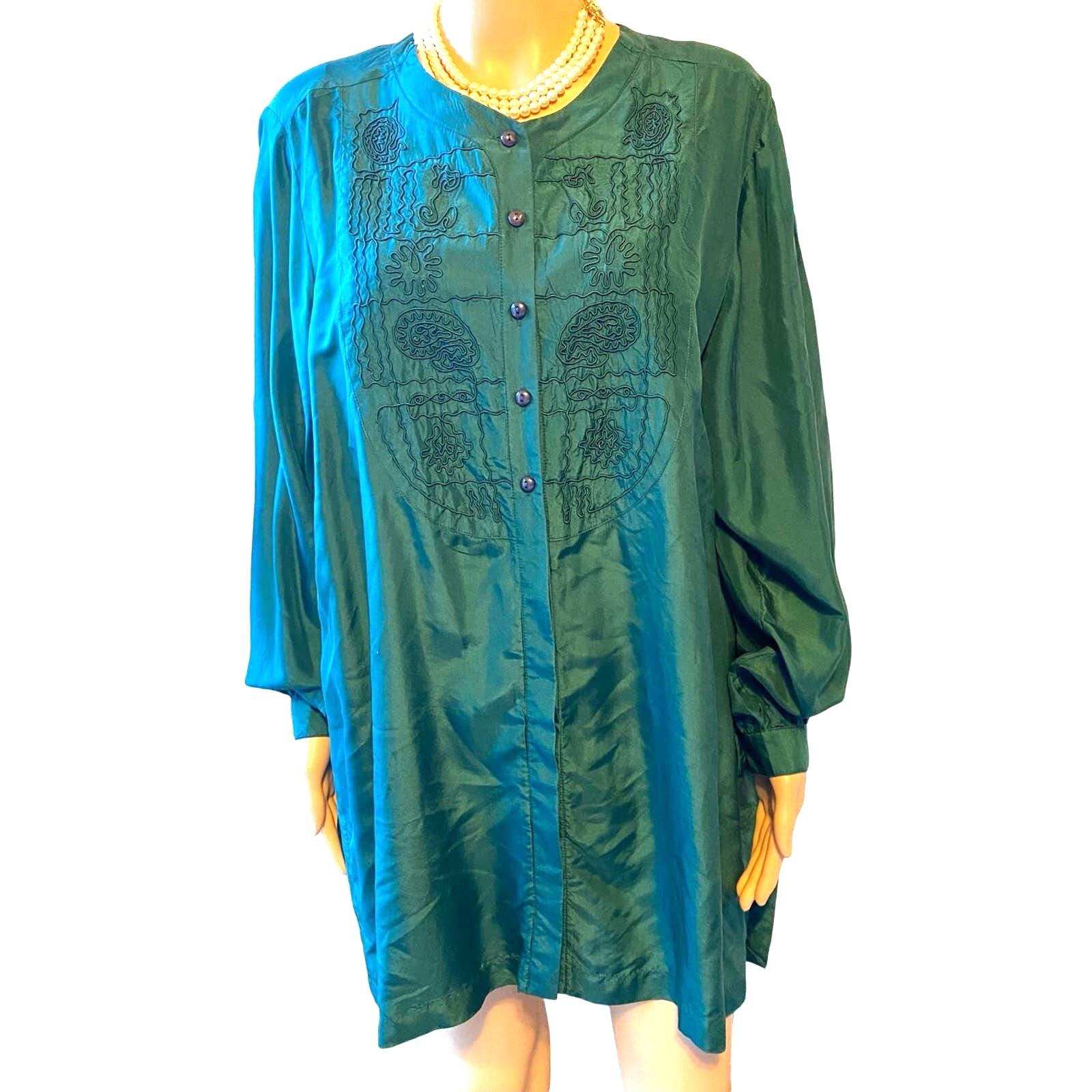 VTG Adrian Jordan Boho Silk Satin Green ButtonUp Top … - Gem