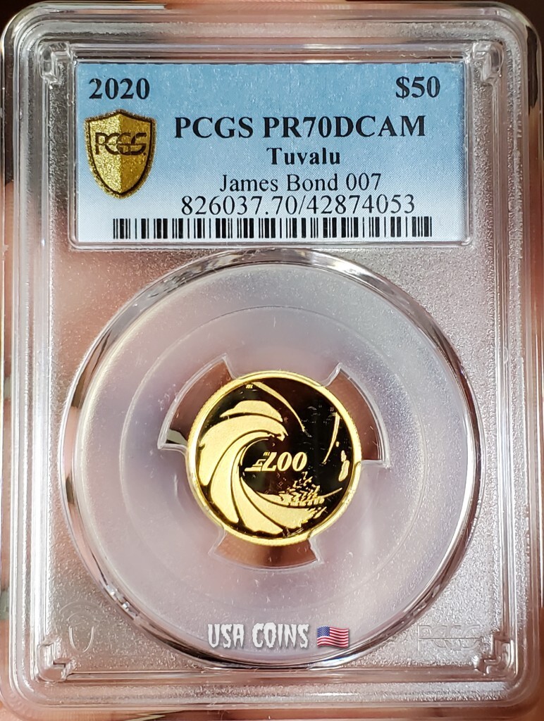 2020 1/4 Oz GOLD $50 Tuvalu JAMES BOND 007 PCGS PR70DCAM Gold Shield ...