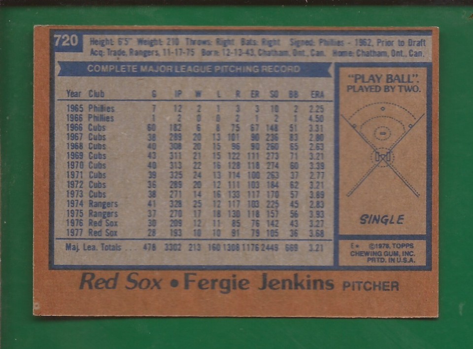 1978 TOPPS # 720 FERGUSON JENKINS HOF Boston Red Sox Excellent-Mint ...