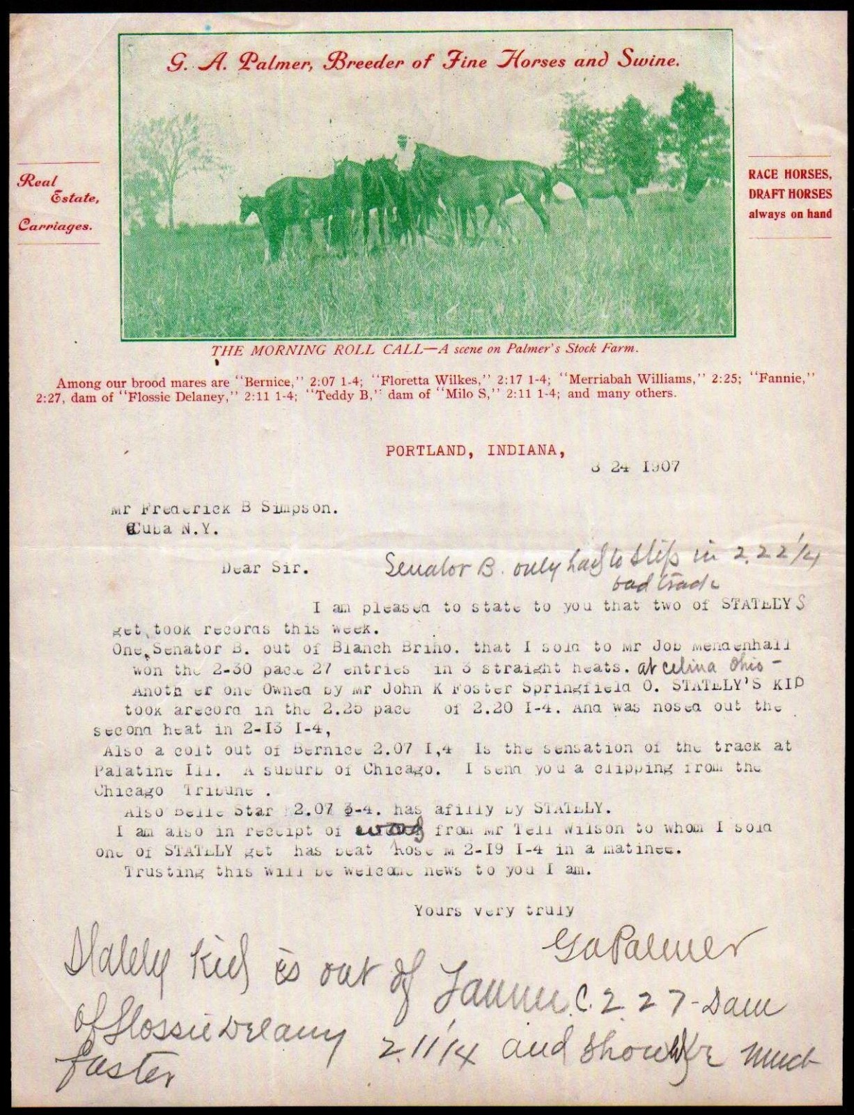 Portland In1907 G A - Palmer Breeder of Fine Horses & Swine - Letter ...