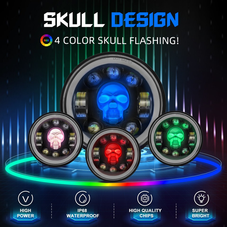 Brightest RGB Skull 5-3/4" 5.75" LED Headlight Hi/Lo DRL for Motorcycle ...