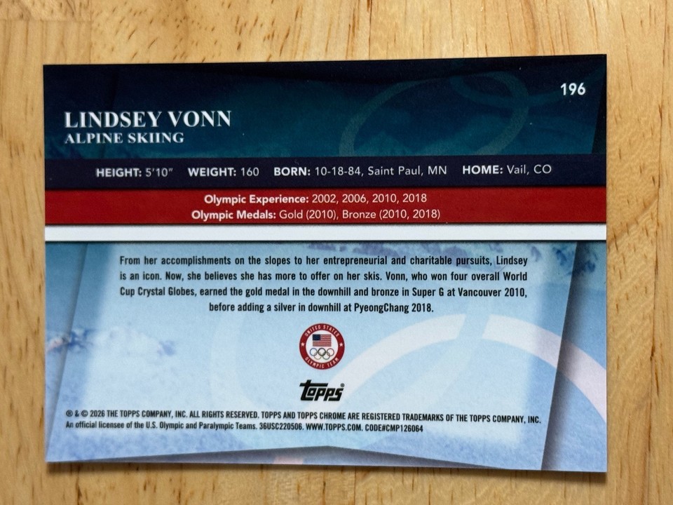 2026 Topps Chrome US Winter Olympics - LINDSEY VONN #196 - GOLD ...