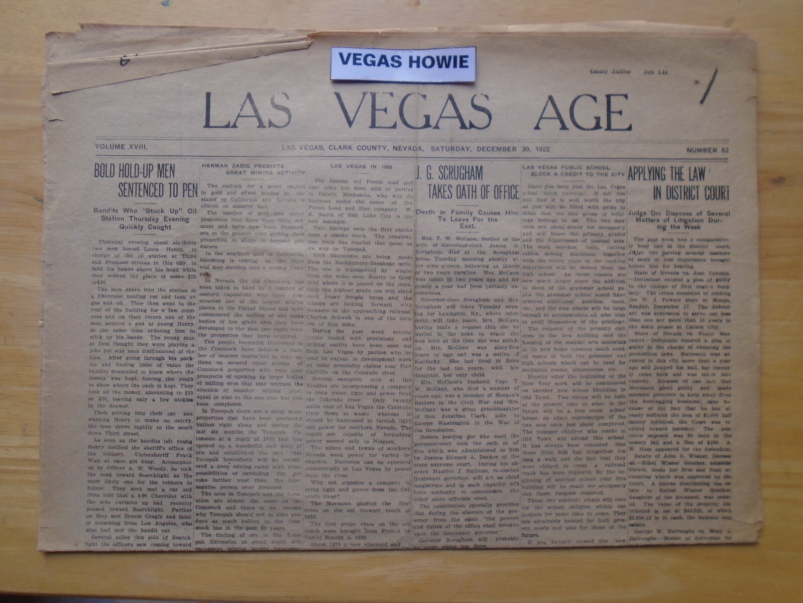 VEGAS HOWIE 1 Age Newspaper DEC 30 1922 Pop Squires Vintage Early Old ...