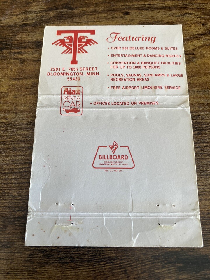 Vintage Thunderbird Motel Minnesota Best Western Matchbook Matches ...