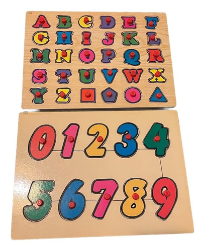 Wooden Frame Peg Puzzles Numbers Alphabet Multicolor Vintage Set of 2 ...