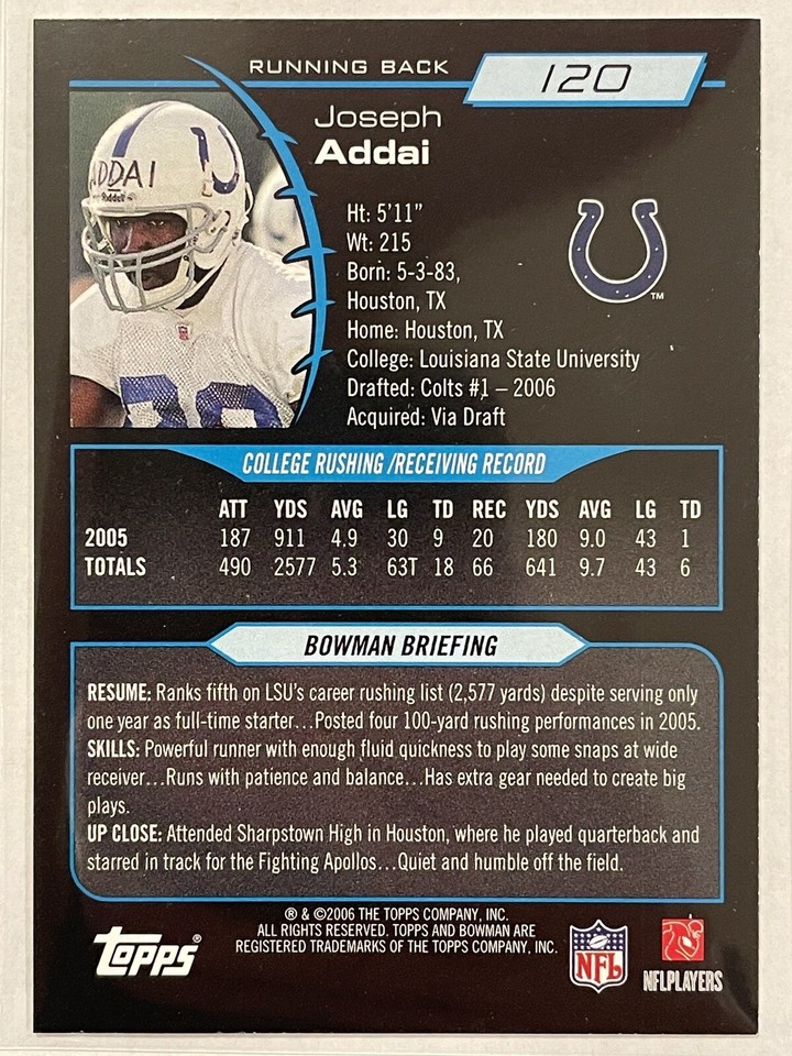 2006 Bowman Joseph Addai Rookie RC #120 Football Indianapolis Colts | eBay
