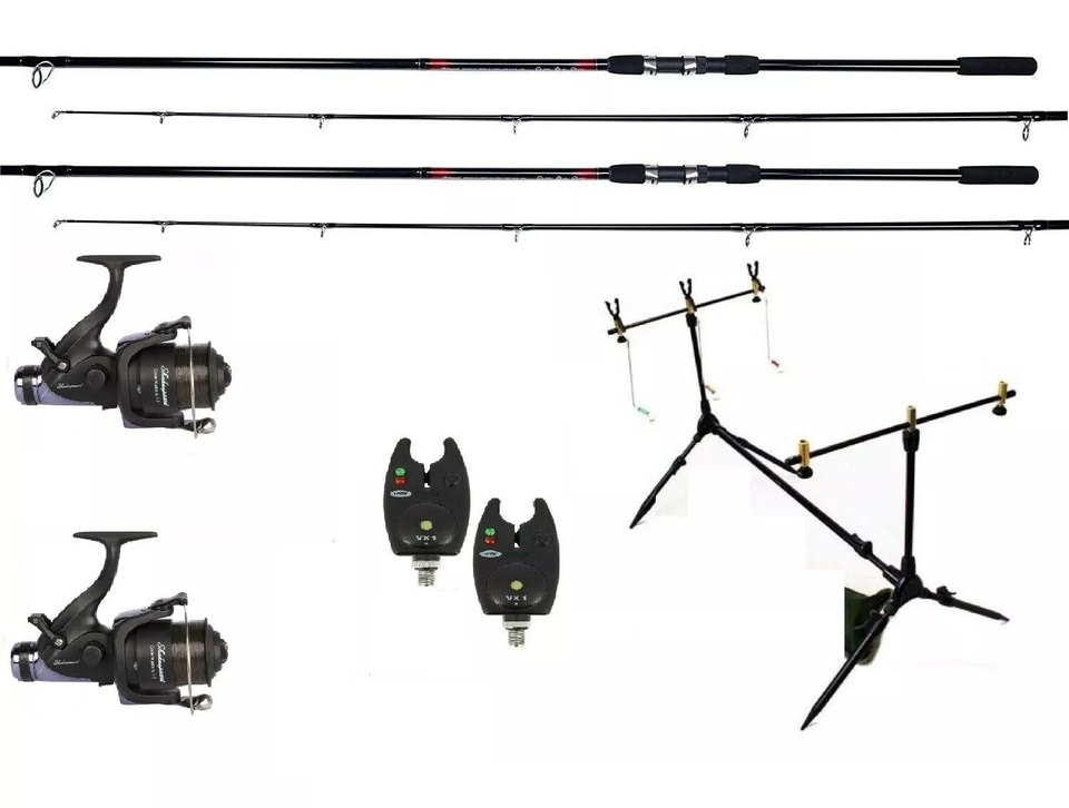 2 Shakespeare Firebird Carp Rods Reels Carp Fishing Set Up Kit Alarms ...