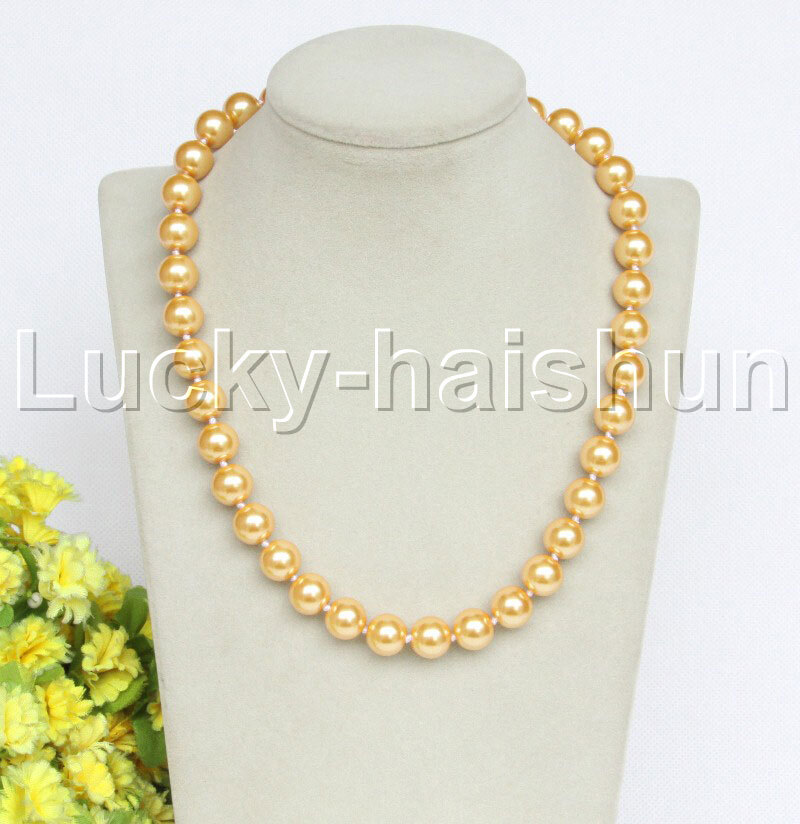 18" 12mm round golden yellow south sea shell pearls necklace 18KGP ...