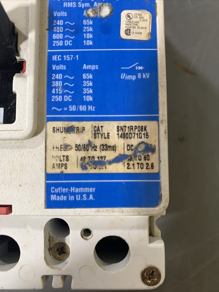 Cutler Hammer FD3080 80 AMP 600V 3Pole Breaker Shunt Trip SNT1RP08K FD ...